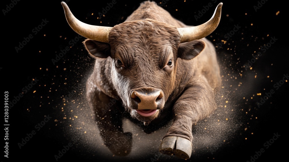 powerful bull charges forward in a dust-filled environment, showcasing ...