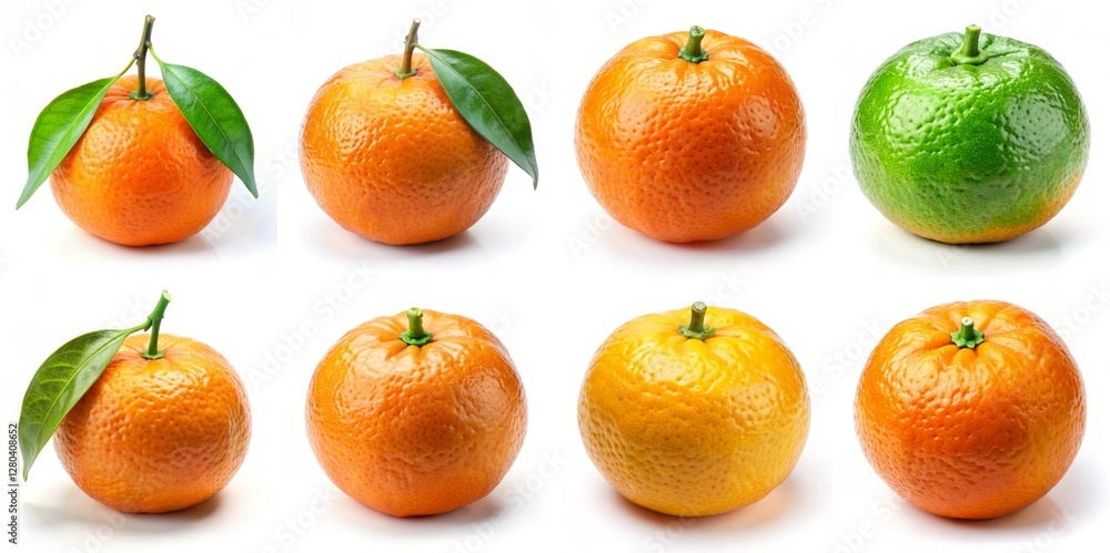 Foto de Stock A row of oranges and a lime are shown in various stages ...