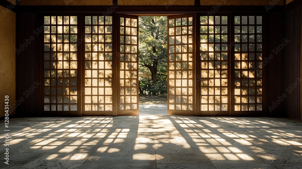 Open Shoji Doors, Sunlight, Zen Garden, Peaceful Interior Stock Photo ...