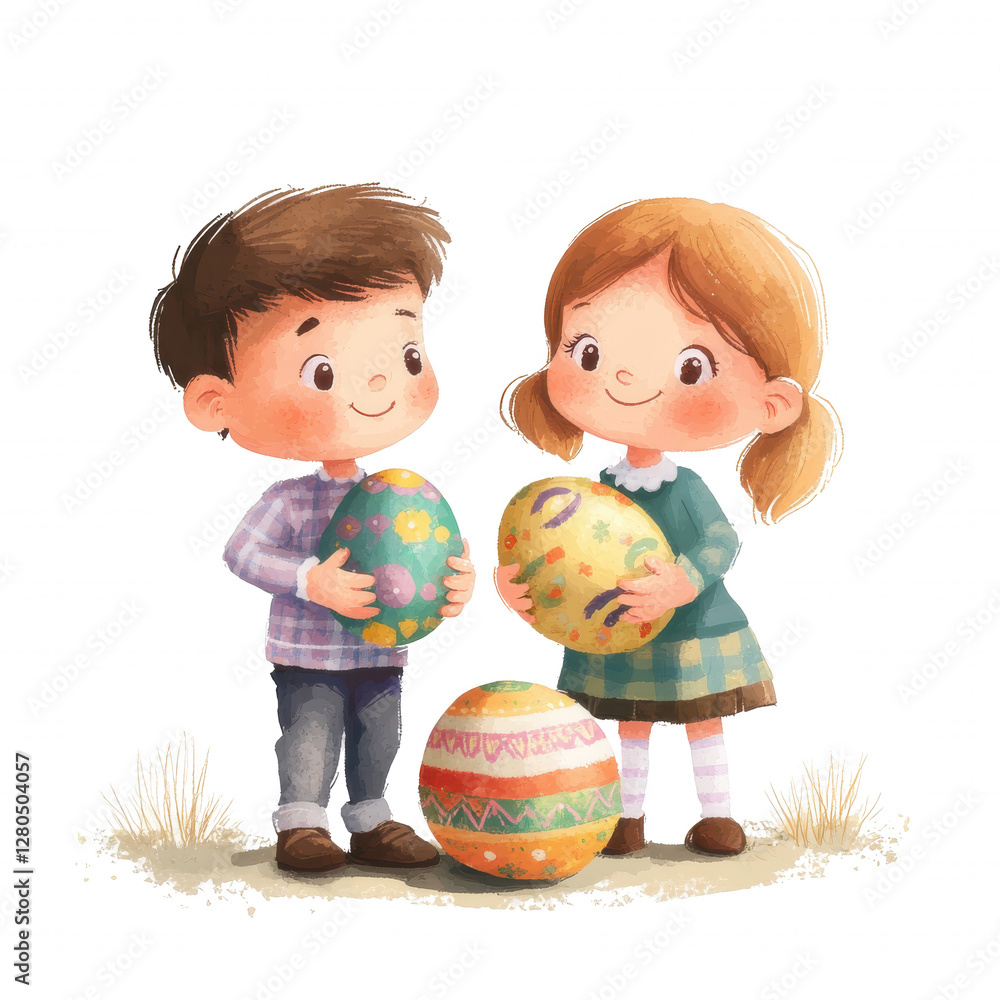Cartoon of Kids Playing with Easter Eggs Clipart on Transparent ...