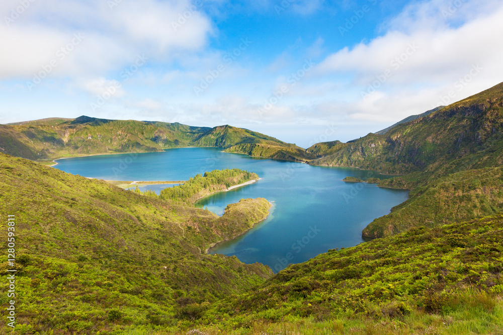 Lagoa de Fogo, volcanic crater lake at Agua de Pau, Sao Miguel island ...