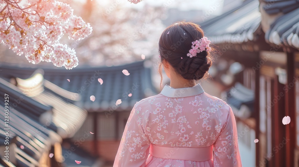 Back view of korean asian woman in traditional korean dress or hanbok ...