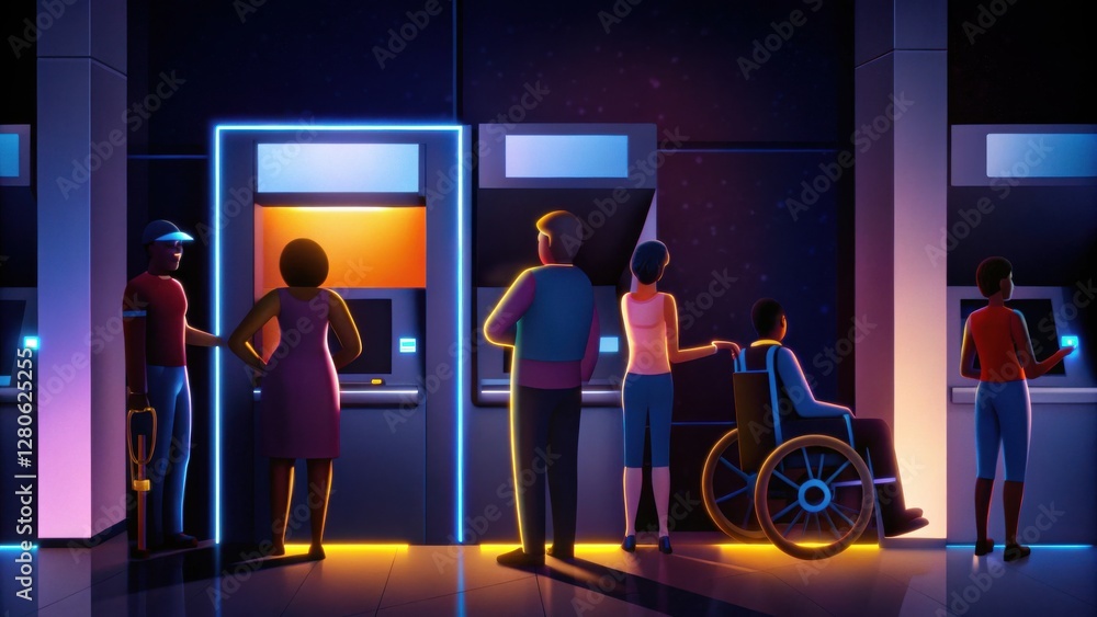 Diverse group of people using ATM machines at night. Neon lighting ...