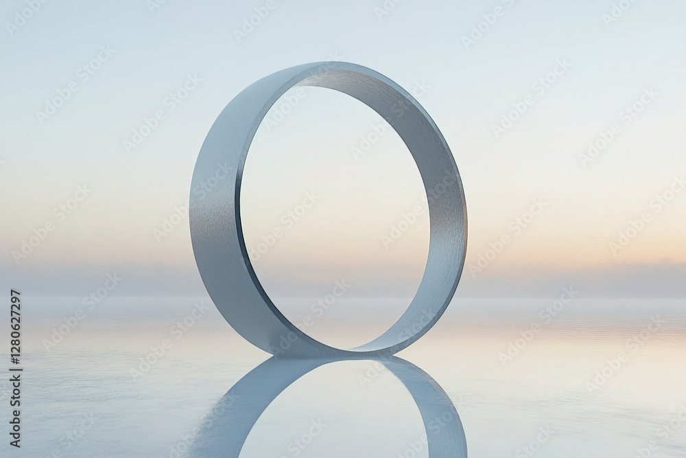 Minimalist metal ring reflecting in calm water during sunrise Stock ...