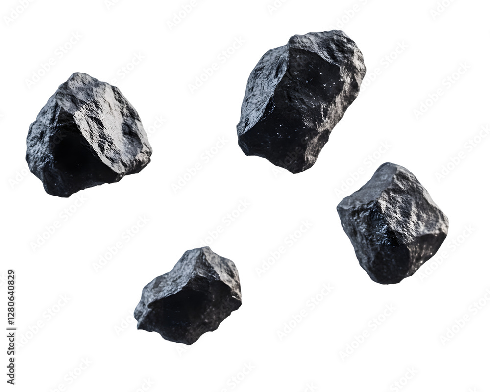 Four dark gray rocks floating against a transparent background. The ...