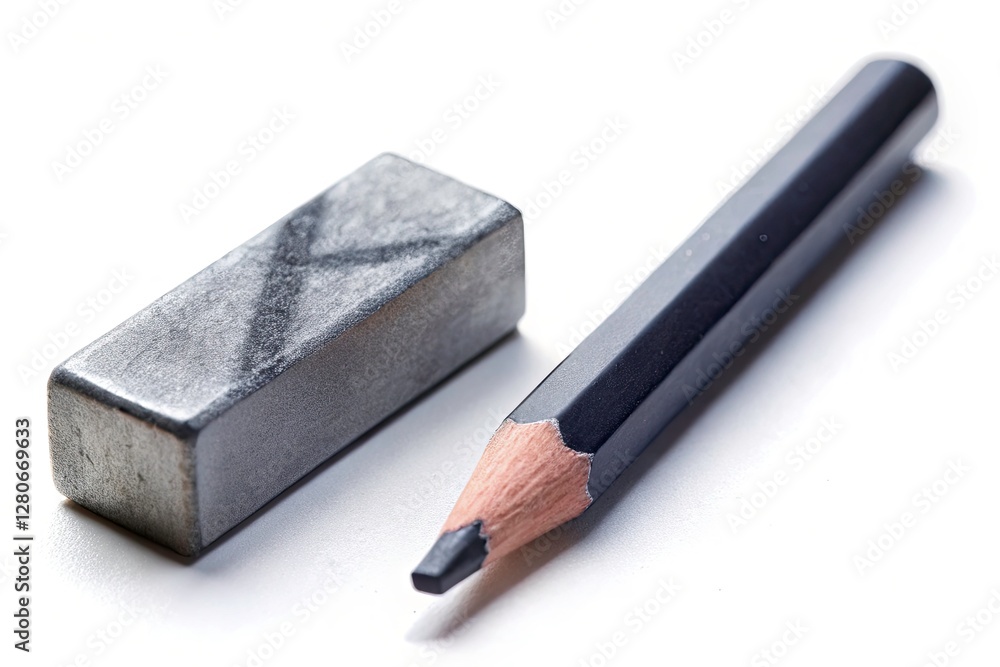 Detailed photography showcases a handwritten graphite alphabet; eraser ...