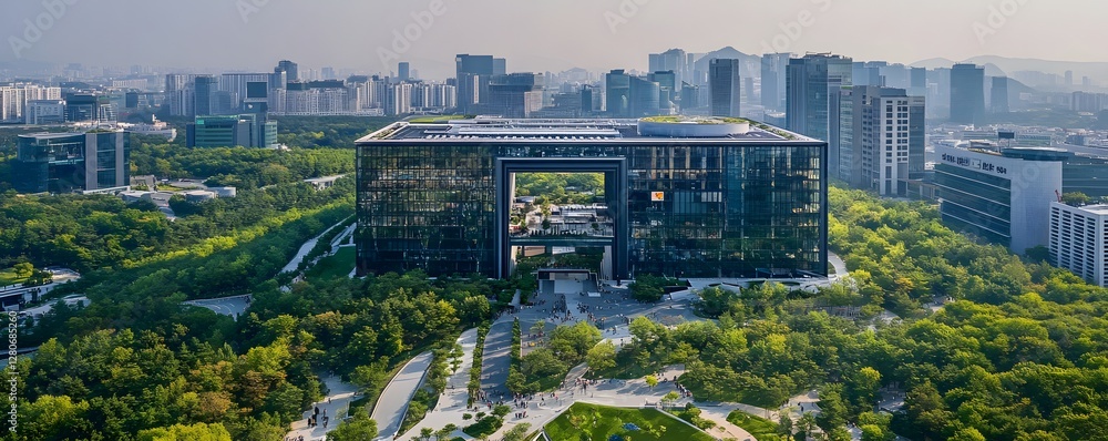 The impressive structure of LG Headquarters surrounded by trees, parks ...