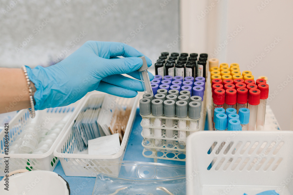 Gynecologist holds blood collection tubes for laboratory tests in the ...