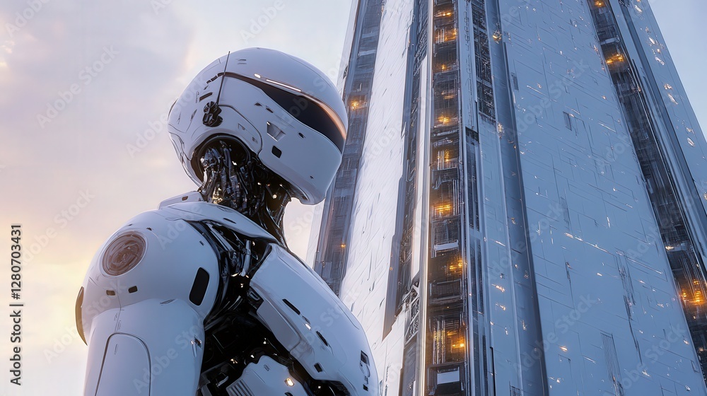 futuristic robotic construction worker building a smart skyscraper ...