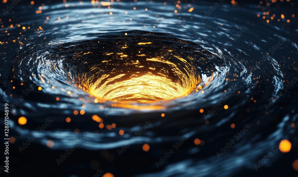 Vortex of swirling water with glowing orange core and sparkling ...