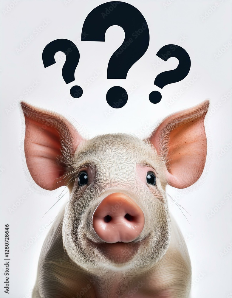 bovine portrait headshot with question marks above the head on white ...