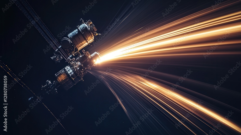 International Space Station, its path forming a glowing arc against a ...