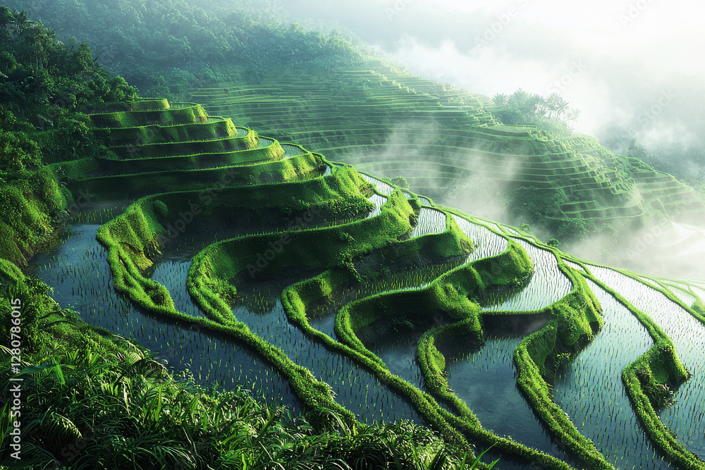 Lush green rice terraces cascade down a hillside in Asia, shrouded in a ...