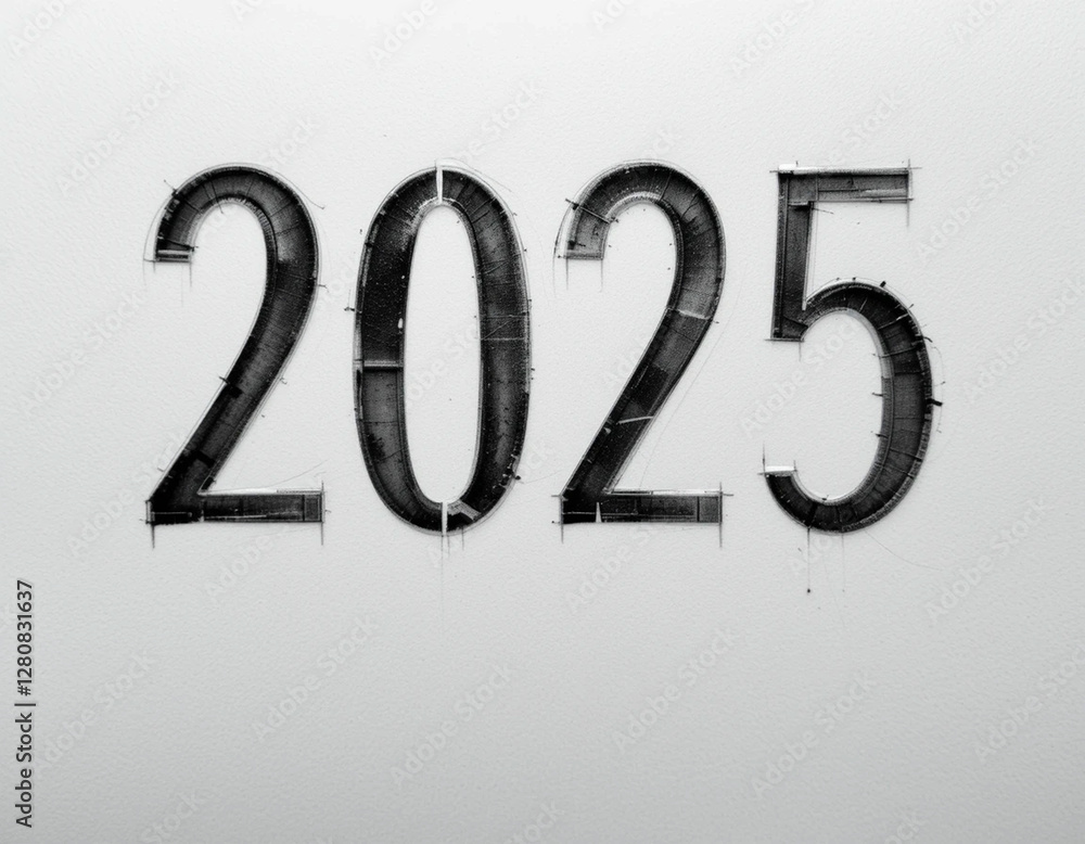 Textured 2025 New Year Design Graphic Black White art dark bold date ...