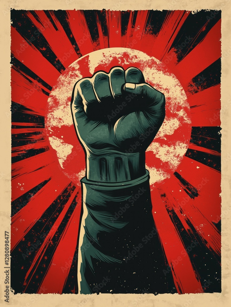Soviet era propaganda poster featuring a powerful raised fist against a ...