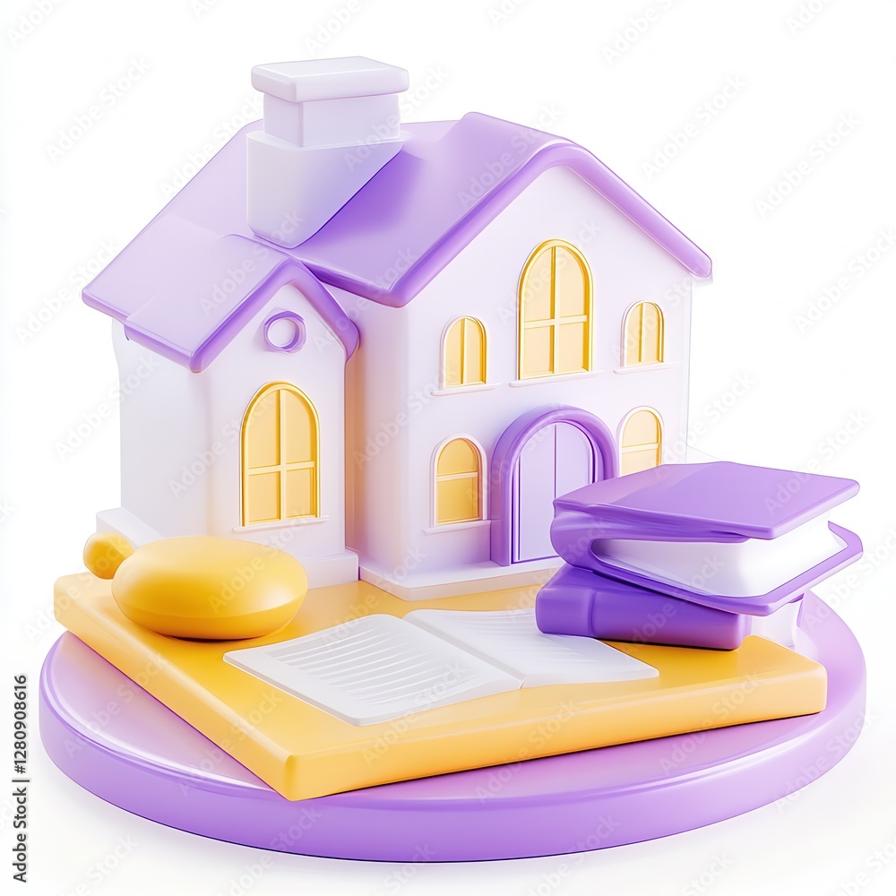 A colorful 3D model of a house with stacks of books and an egg-shaped ...