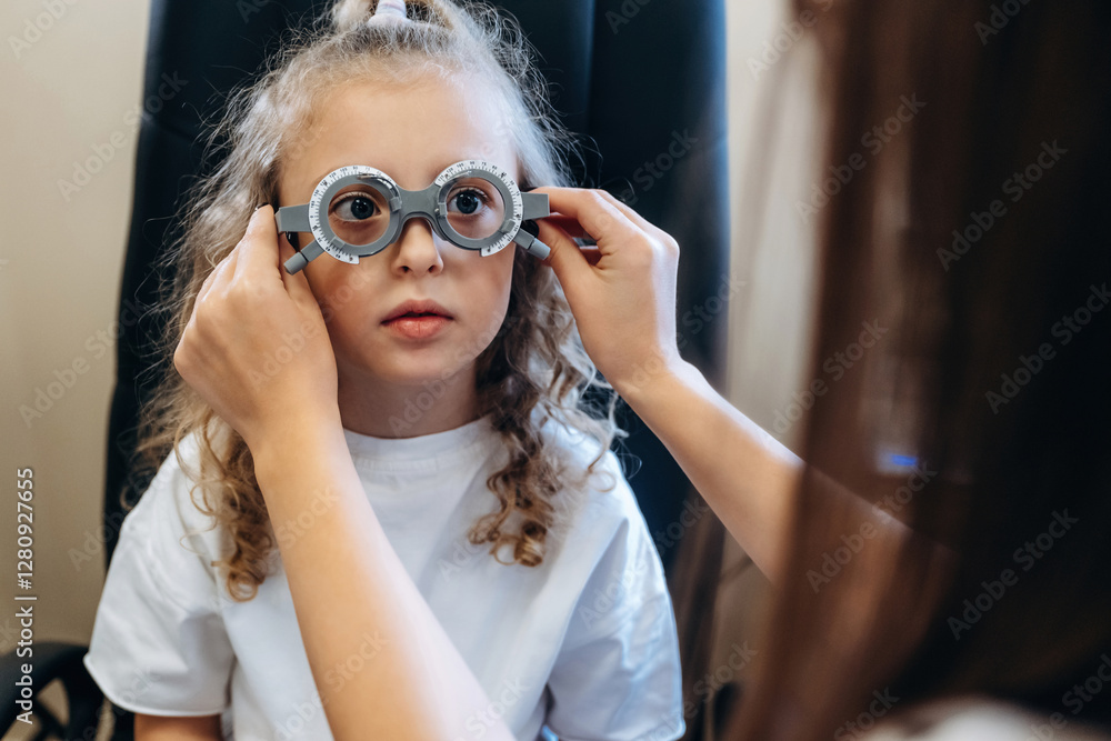 Standing, wearing the special glasses. Little girl at the ...