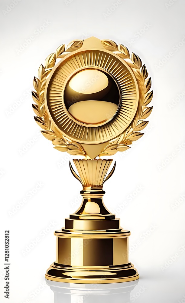3D Gold Award Trophy with Circular Design and Laurel Wreath, A Symbol ...
