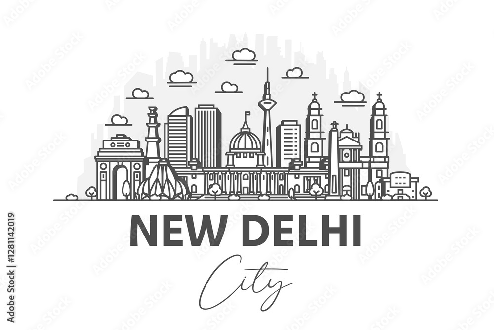New Delhi, India architecture line skyline illustration with shadows ...