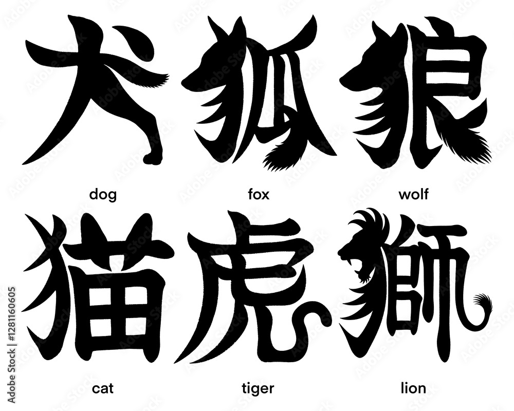 Pictorial Japanese kanji characters for canine and feline animals ...