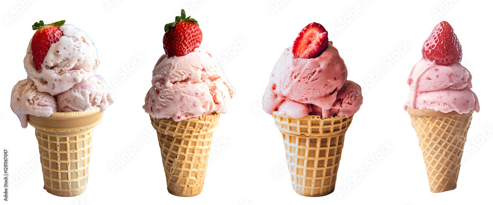 Variety of Strawberry Ice Cream Cones with Fresh Strawberries Isolated ...