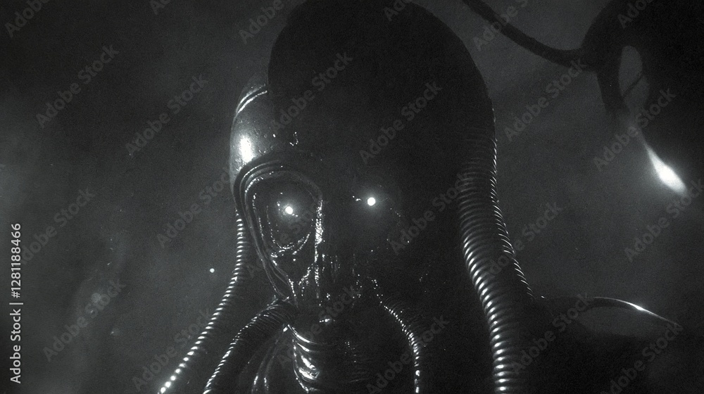 Un misterioso ser con una máscara metálica y tubos, envuelto en sombras ...