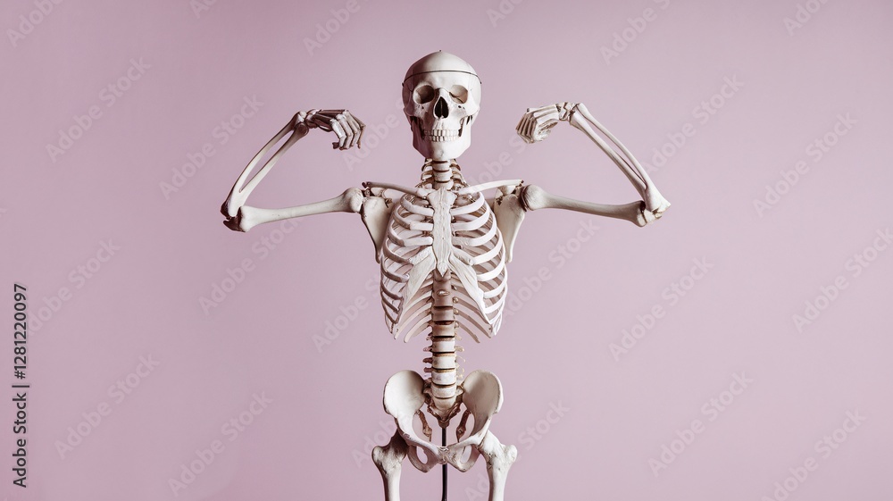 A skeleton is standing on a pink background with its arms raised. The ...