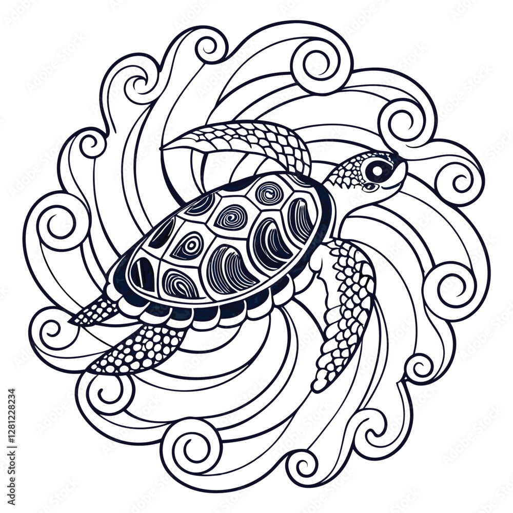 Sea Turtle Mandala Art: Detailed Black and White Line Drawing of a ...