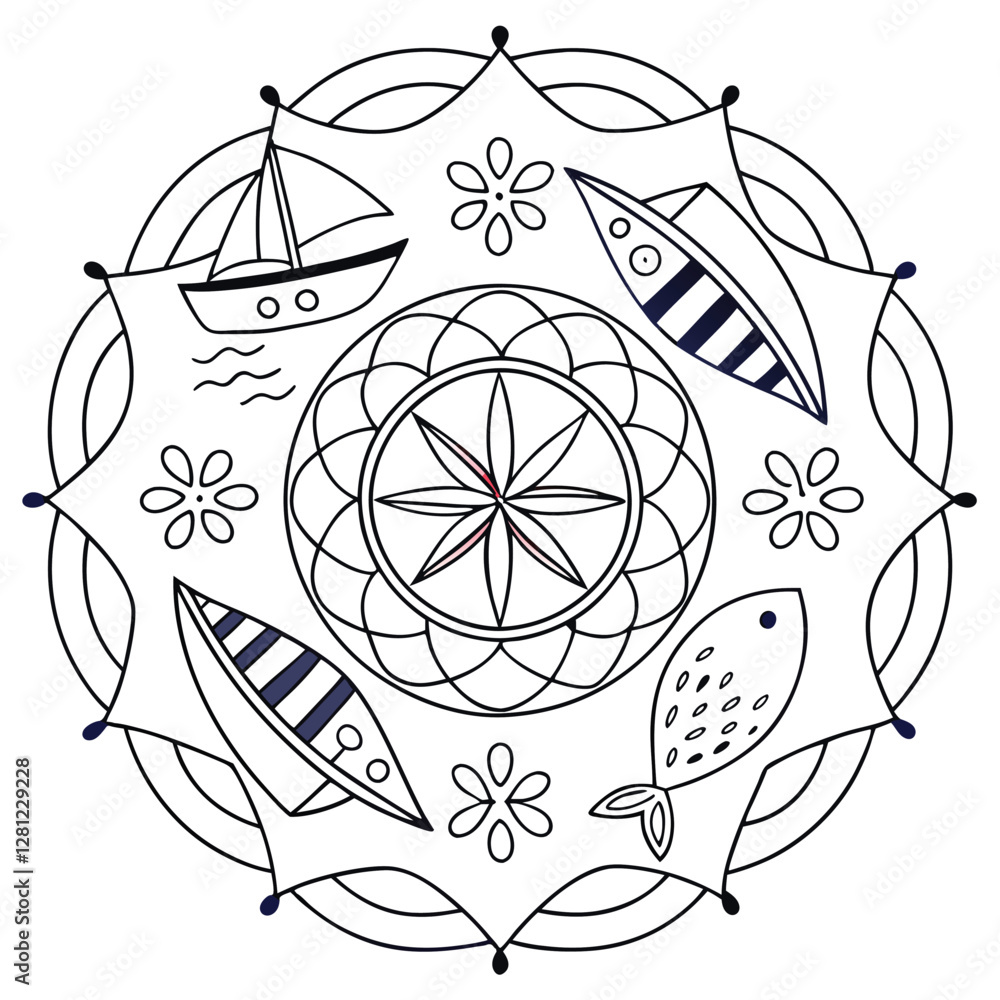 Nautical Mandala Coloring Page: Boat, Fish, Compass Rose, Floral ...