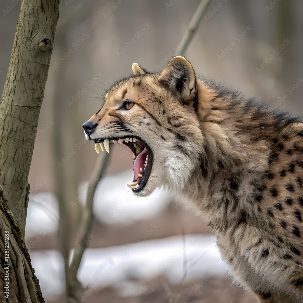 Cheetah roaring in the snowy forest wild animal winter scene / Guepardo ...