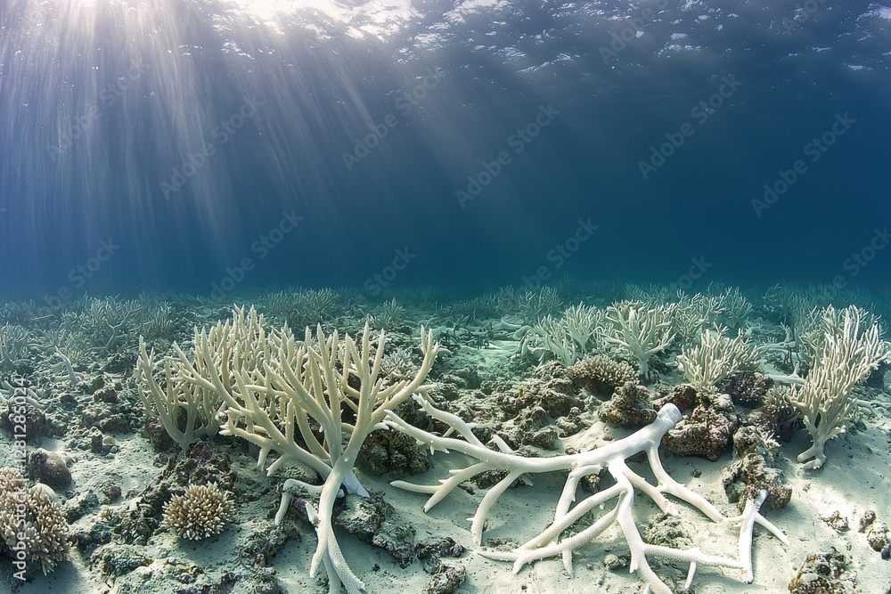 Underwater landscape with bleached coral reefs, as sunlight filters ...