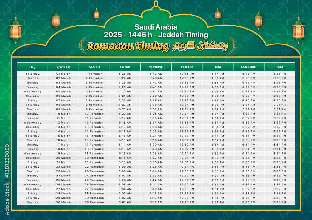 Ramadan Timing in Jeddah 2025 Saudi Arabia, Islamic Calendar 2025 ...