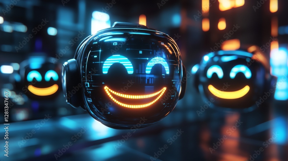 Emoji in VR/AR Headsets Smiley faces with futuristic tech overlays ...
