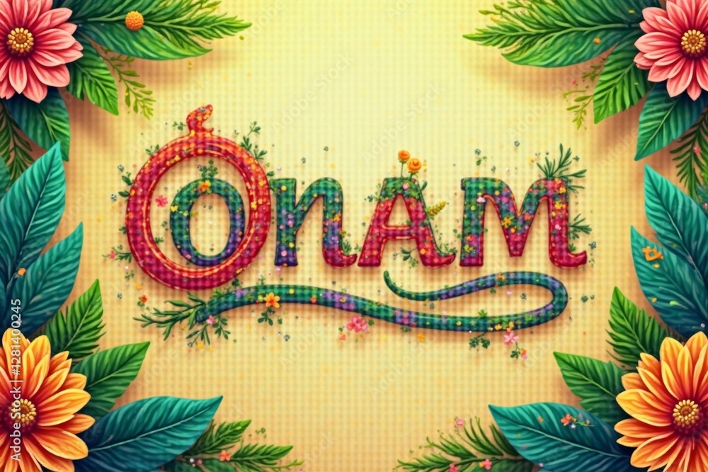 Beautiful Onam Malayalam Typography Illustration, watercolor flowers ...