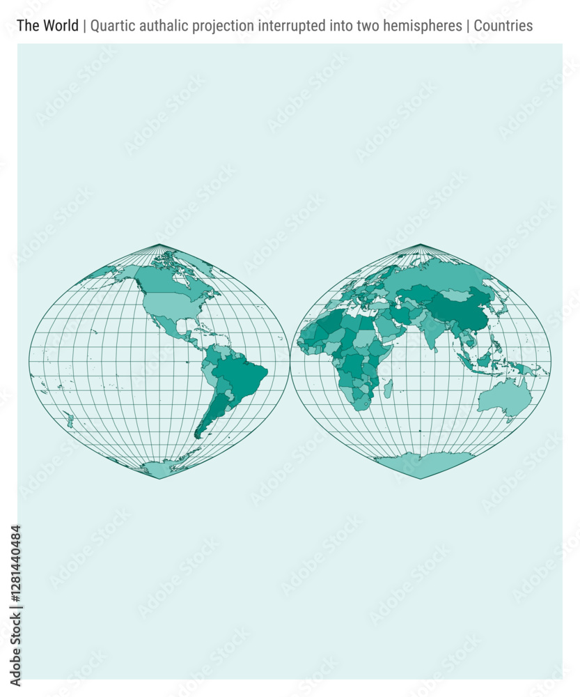 World map in quartic authalic projection interrupted into two ...