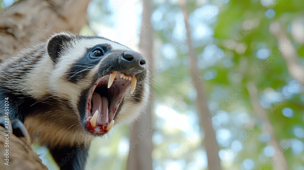 Close-up of a snarling wolverine, baring its teeth, claws gripping a ...