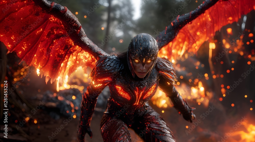 An imposing female warrior with fiery wings and scaled armor lunges ...