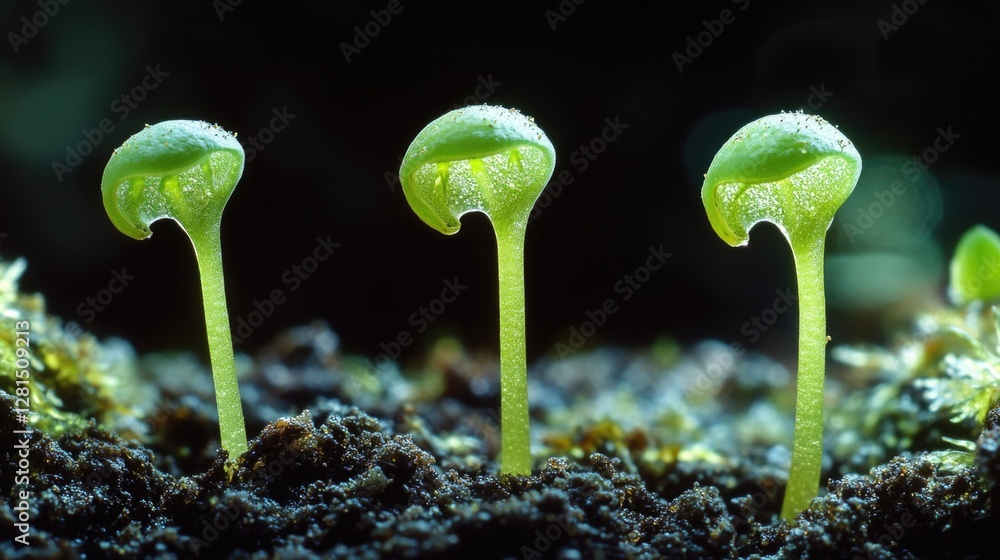 Three distinct images of a young plant seedling germinating and growing ...