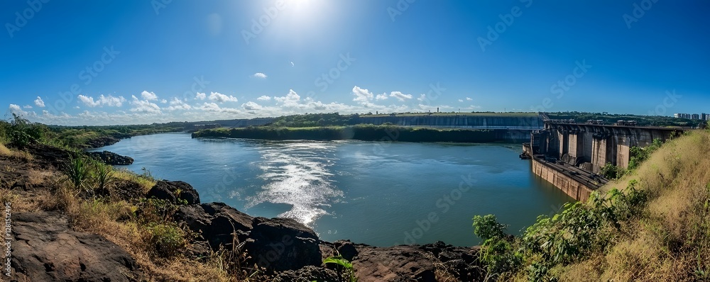 A wide-angle view of Itaipu Dam, showing the expanse of the water ...