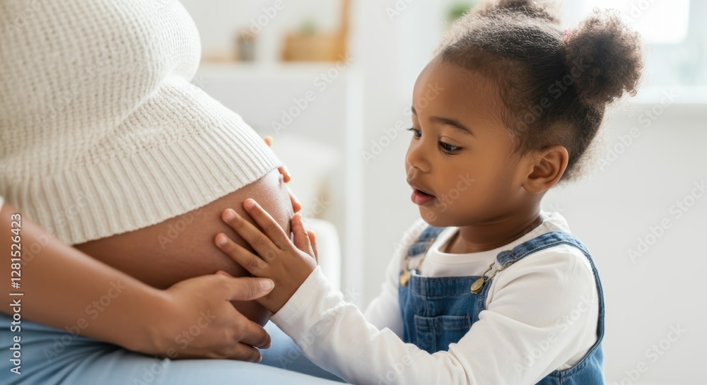 African young child touching pregnant mother's belly in warm home ...