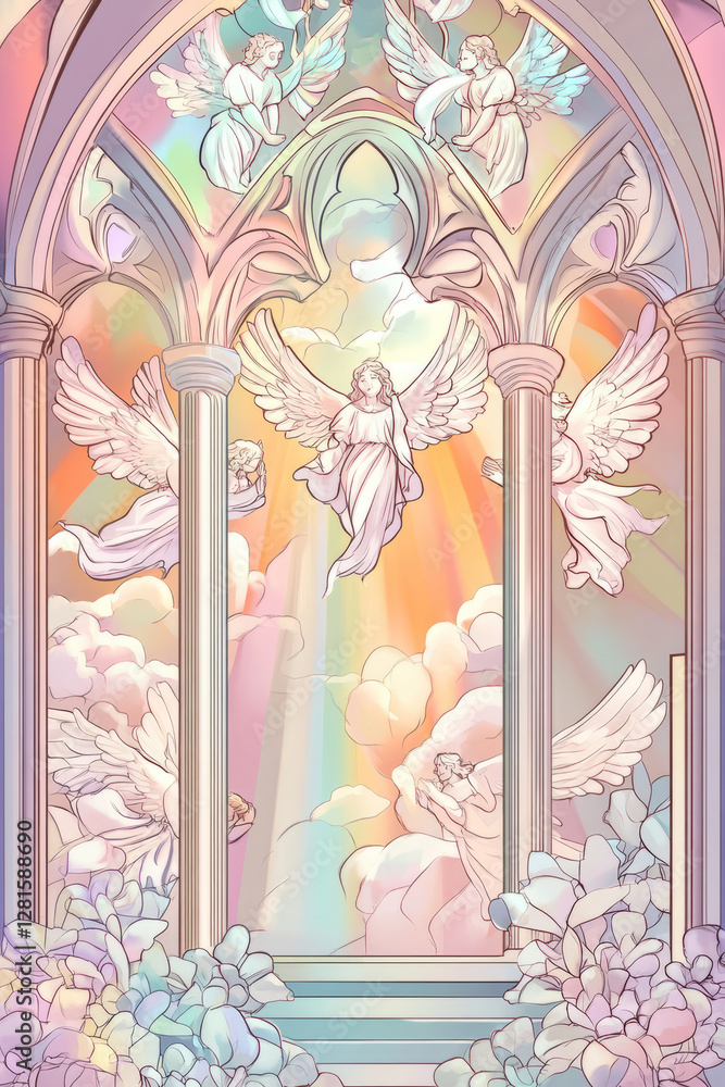 Illustration of a stained glass window depicting a religious scene with ...