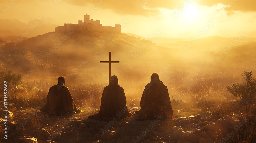 Jesus on the central cross with two disciples beside him, Herod's ...