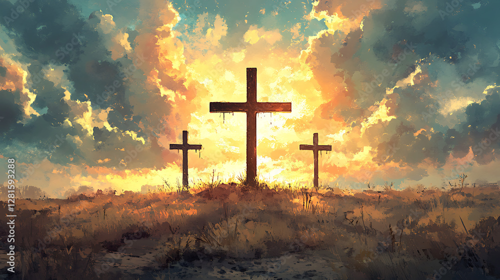 Jesus on the central cross with two disciples beside him, desolate ...