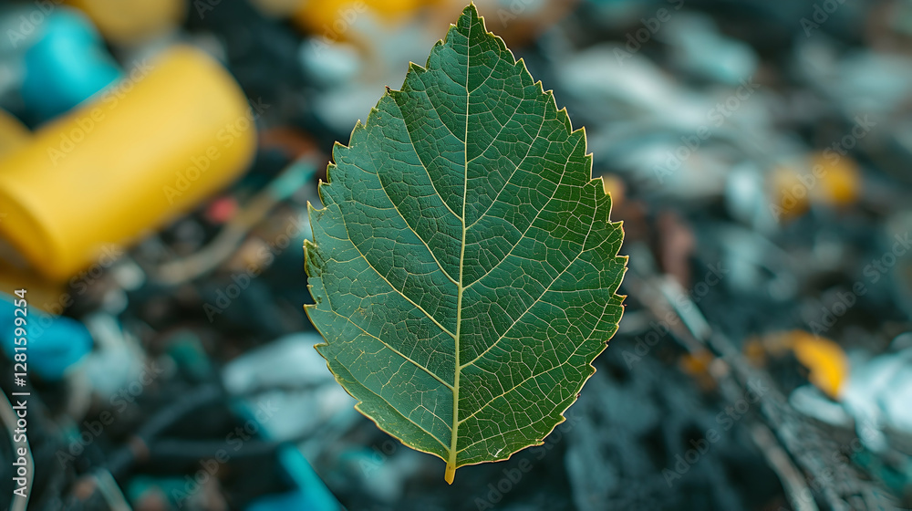 Green leaf amidst plastic waste; environmental pollution; nature vs ...