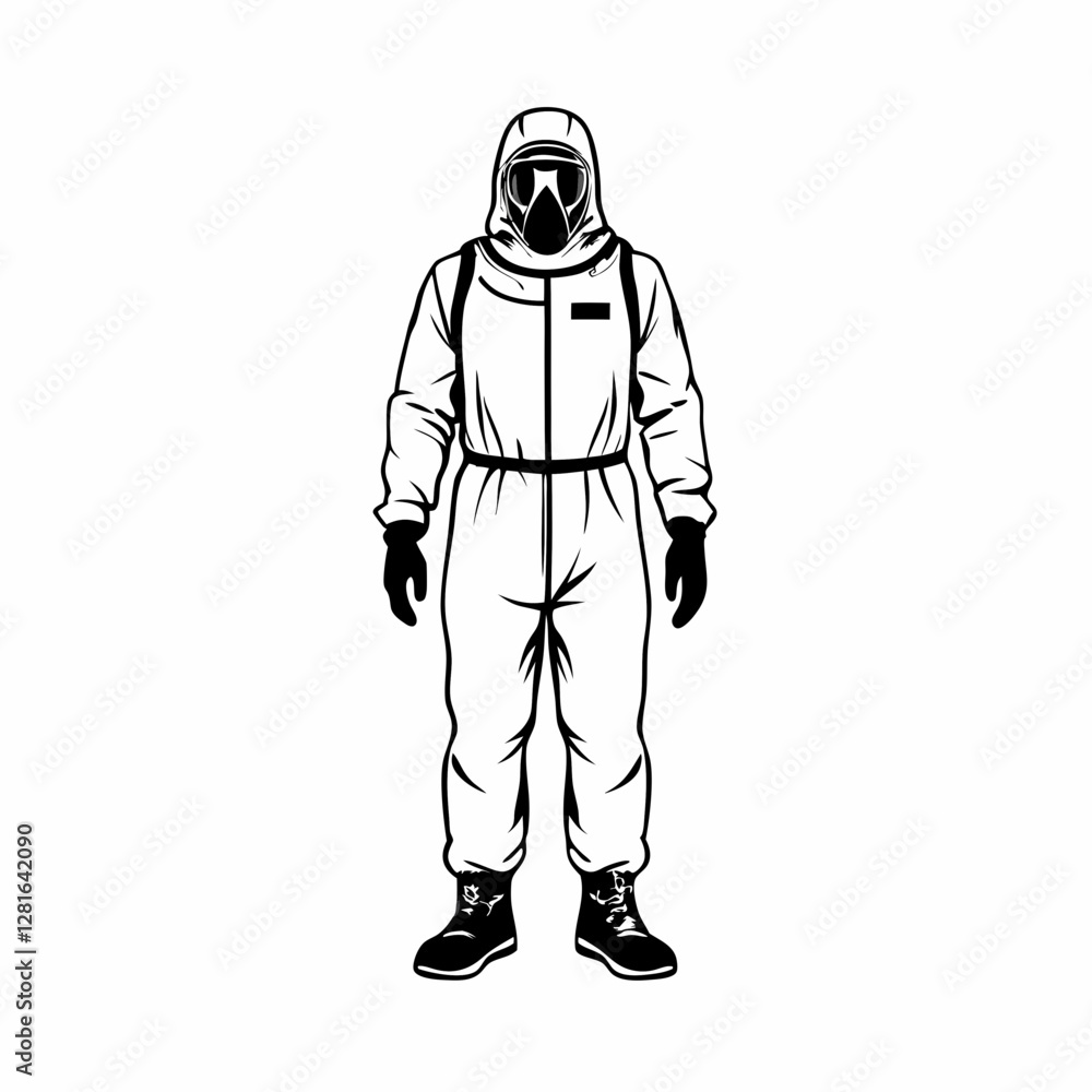 Figure standing in detailed hazmat suit facing forward. Black and white ...