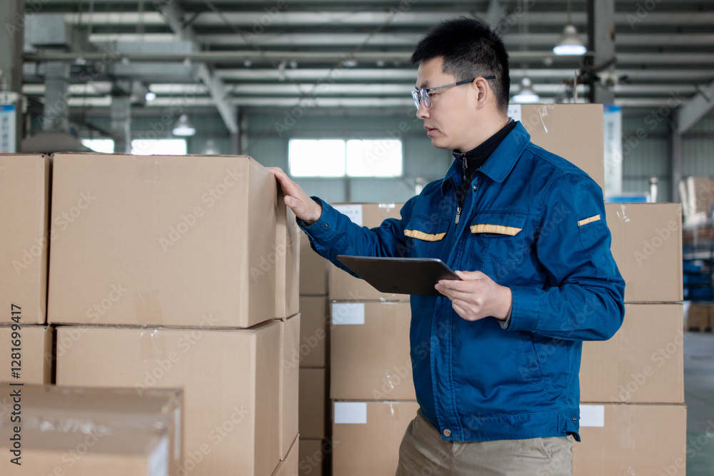 Middle-aged East Asian male blue-collar workers are using tablets in ...