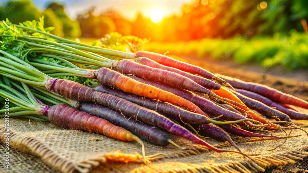 Deep purple carrots with orange cores lie on jute. Sunlight reveals ...