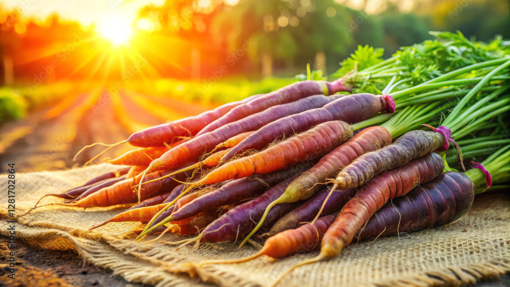 Deep purple carrots with orange cores lie on jute. Sunlight reveals ...