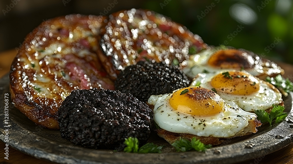 Irish breakfast; fried eggs, potato bread, black pudding; rustic ...