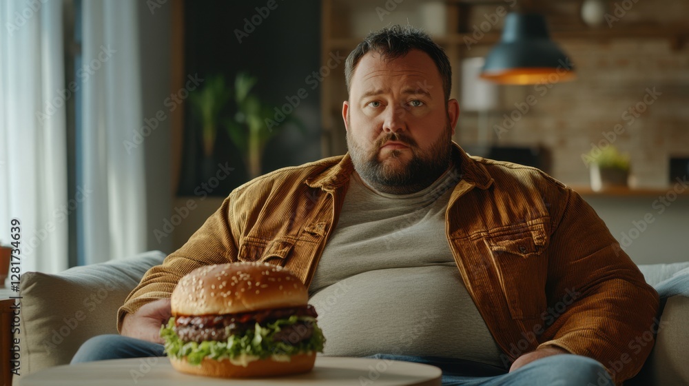 Fat man eating fast food hamberger. Breakfast for overweight person ...